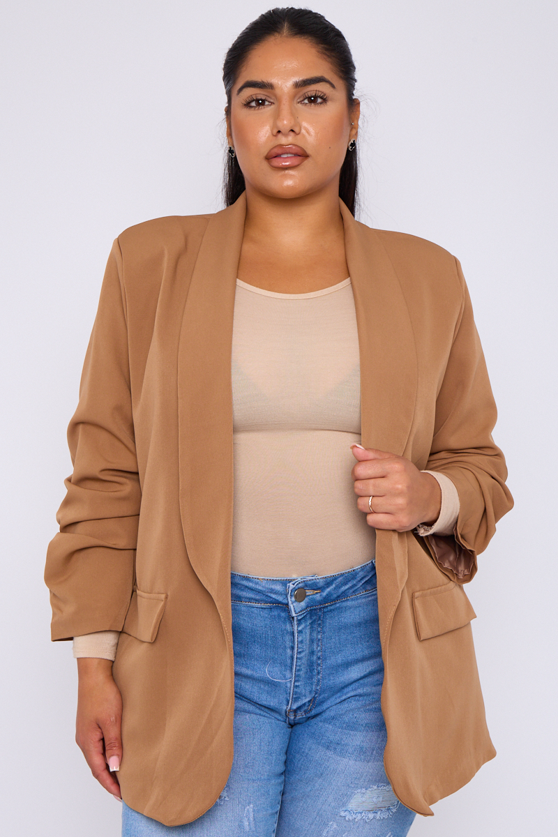 Plus Size Tan Ruffle Sleeve Pocket Detail Blazer | Praslin Clothing